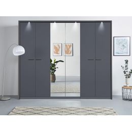 Dreht&uuml;renschrank Rauch "Kleiderschrank Schrank Garderobe W&auml;scheschrank Ankleide OTELI", grau (graumetallic), B:275cm H:212cm T:58cm, Holzwerkstoff, Schr&auml;nke, Dreht&uuml;renschrank, mit Mittelspiegel und Passepartout optional mit Beleuchtung