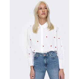 Hemdbluse Only "ONLNEW LINA GRACE LS EMB SHIRT NOOS WVN", Damen, Gr. XS, wei&szlig; (hellwei&szlig; aop:heart), Web, Obermaterial: 100% Baumwolle, bedruckt, Po-bedeckend, Blusen Hemdbluse