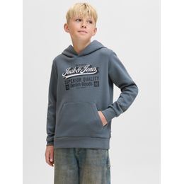 Jack & Jones Kapuzensweatshirt JACK & JONES JUNIOR "JJELOGO SWEAT HOOD 2 COL AW25 NOOS JNR", Jungen, Gr. 128, grau (stormy weather), angeraute Sweatware, Obermaterial: 70% Baumwolle, 30% Polyester, bedruckt, regular fit normal, ohne Ausschnitt, Rippb&uuml;ndchen, Sweatshirts
