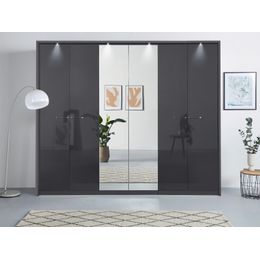 Dreht&uuml;renschrank Rauch "Kleiderschrank Schrank Garderobe W&auml;scheschrank Ankleide OTELI", grau (graumetallic, effektgrau hochglanz), B:275cm H:212cm T:58cm, Holzwerkstoff, Schr&auml;nke, Dreht&uuml;renschrank, mit Mittelspiegel und Passepartout optional mit Beleuchtung