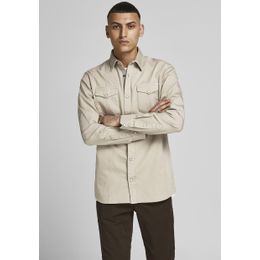 Jack & Jones JACK & JONES Herren Langarmhemd "JJESHERIDAN SHIRT L/S NOOS", beige, Gr. L, Web, Obermaterial: 100% Baumwolle, Hemden, mit angesetzter Brusttasche