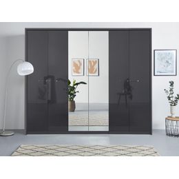 Dreht&uuml;renschrank Rauch "Kleiderschrank Schrank Garderobe W&auml;scheschrank Ankleide OTELI", grau (graumetallic, effektgrau hochglanz), B:275cm H:231cm T:58cm, Holzwerkstoff, Schr&auml;nke, Dreht&uuml;renschrank, mit Mittelspiegel und Passepartout optional mit Beleuchtung