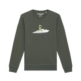 Watapparel Sweatshirt ' Alien on a paper plane ' Herren Gr&ouml;&szlig;e S khaki / wei&szlig;meliert