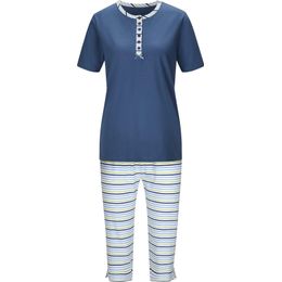 w&auml;schepur Damen Capri-Schlafanz&uuml;ge mit Knopfleiste jeansblau + jeansblau-geringelt, Gr&ouml;&szlig;e 48/50
