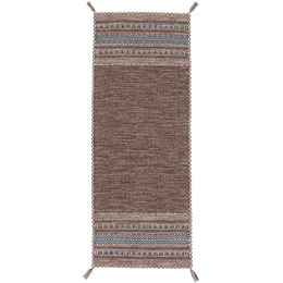 Teppich CarpetFine "Kelim Azizi, auch als L&auml;ufer erh&auml;ltlich", braun, B:75cm H:5mm L:200cm, Baumwolle, Teppiche, Teppich, handgewebt, Baumwolle, Wendeteppich mit Fransen, Fleckerl, Wohnzimmer