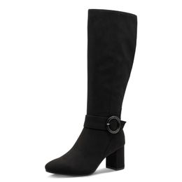 Marco Tozzi Damen Stiefel, Gr. 36schwarz, Textil, Veloursleder, unifarben, Schuhe, Blockabsatz, Businessstiefel, Langschaftstiefel mit Zierschnalle