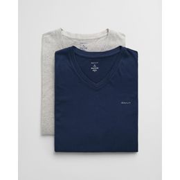 Kurzarmshirt Gant "V-NECK T-SHIRT 2-PACK", Herren, Gr. L, blau (light grau mel, navy), Web, Obermaterial: 100% Baumwolle, regular fit normal, V-Ausschnitt, eingesetzt abgesteppte Kante, Shirts, Mit V-Ausschnitt