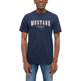 Kurzarmshirt Mustang "Style Austin", Herren, Gr. L, blau (schwarz saphire), Jersey, Obermaterial: 100% Baumwolle, bedruckt, normal h&uuml;ftbedeckend, Rundhals, Shirts, mit Logo-Print