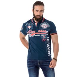 Cipo & Baxx Poloshirt CIPO & BAXX, Herren, Gr. S, blau (navy blau), Single Jersey, Obermaterial: 95% Baumwolle, 5% Elasthan, bedruckt, slim fit h&uuml;ftlang, Rundhals, Shirts