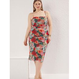 Trendyol Curve Kleid Damen Gr&ouml;&szlig;e 48 dunkelgr&uuml;n / dunkelorange / altrosa / rot