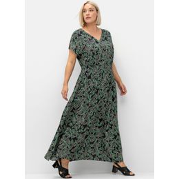 sheego Gro&szlig;e Gr&ouml;&szlig;en Maxikleid mit Blumendruck und gesmokter Taille, schwarz-gr&uuml;n, Gr&ouml;&szlig;e 56 - Damen