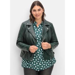 sheego Damen Bikerjacke aus weichem Lammnappa-Leder, tiefgr&uuml;n, Gr&ouml;&szlig;e 44