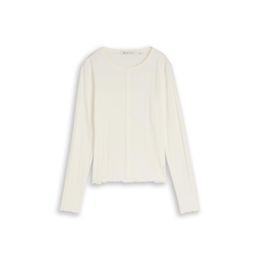Tom Tailor Denim Damen Pointelle Langarmshirt mit Deko-Knopfleiste, wei&szlig;, Uni, Gr. XXL