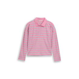 Tom Tailor Denim Damen Boxy Fit Langarm Poloshirt mit Streifenmuster, rosa, Gestreift, Gr. M