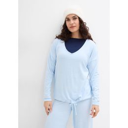 bonprix Oversize-Sweatshirt in Strickoptik, blau, Gr.40/42 (M), Weit geschnittenes Sweatshirt mit V-Ausschnitt und Kapuze. Mit komfortablem, anpassbarem Tunnelzug am Saum., aus Viskose