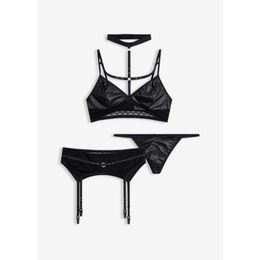 bonprix Bralette+String+Strapshalter mit Wetlook (3-tlg.Set), schwarz