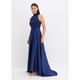 bonprix Maxikleid aus gl&auml;nzendem Satin mit Spitze, blau