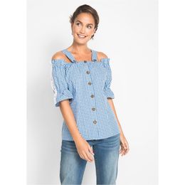 bonprix Trachtenbluse mit halbem Arm, blau, Gr.34, Trachten-Karobluse mit origineller &Auml;rmell&ouml;sung und H&auml;kelspitze, 100% Baumwolle
