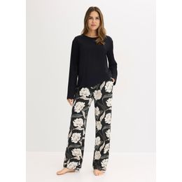 bonprix Pyjama mit Viskose und weitem Bein, schwarz, Gr.52/54 (XXL), Gem&uuml;tlicher Pyjama mit einem locker geschnittenem Langarmshirt mit Rundhals sowie einer Hose mit einem hohen Bund und geschmackvollen Druck, sowie Eingriffstaschen und einem modischen weitem Bein, aus Viskose