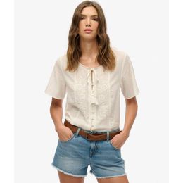 Superdry Women's Kurz&auml;rmeliges Oberteil mit Stickerei und Kn&ouml;pfen Creme - Gr&ouml;&szlig;e: 34 210302500038139E028