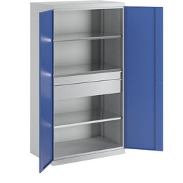 eurokraft pro Materialschrank, Tiefe 650 mm, 3 Fachb&ouml;den + 2 Schubladen, T&uuml;ren blau