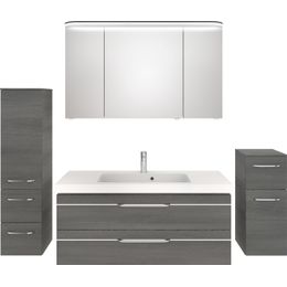 Badm&ouml;bel-Set SAPHIR "Balto Sprint 4-teilig, Mineralmarmor-Waschtisch mit LED-Spiegelschrank", grau (graphit struktur quer nachbildung), B:183cm H:200cm T:50,8cm, Spanplatte, Kastenm&ouml;bel-Sets, Badm&ouml;bel-Set, Unterschrank, Midischrank, inkl. T&uuml;rd&auml;mpfer, 5 T&uuml;ren, 5 Schubladen