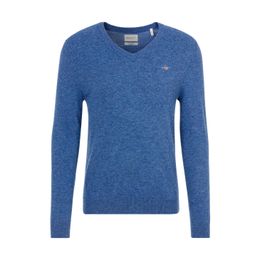 V-Ausschnitt-Pullover Gant "EXTRAFINE LAMBSWOOL V-NECK", Herren, Gr. M, blau (stone blau melange), Feinstrick, Obermaterial: 90% Wolle, 10% Polyamid, normal h&uuml;ftlang, V-Ausschnitt, Rippstrickb&uuml;ndchen, Pullover, mit Logostickerei
