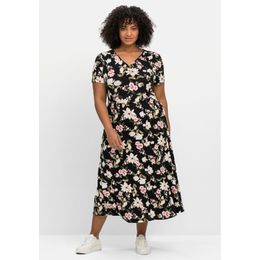 sheego by Joe Browns Damen Jerseykleid mit Blumendruck, Midil&auml;nge, schwarz-gemustert, Gr&ouml;&szlig;e 48