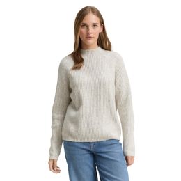 Strickpullover Tom Tailor Denim, Damen, Gr. XXL, beige (marble beige melange), Rippstrick, Obermaterial: 62% Polyacryl, 25% Polyester, 10% Baumwolle, 3% sonstige Fasern, meliert, relaxed fit Po-bedeckend, ohne Ausschnitt, gerader Abschluss, Pullover Strickpullover, mit Stehkragen