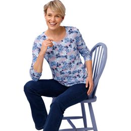 Damen Langarmshirt mit Blumen-Muster himmelblau-altrosa-bedruckt, Gr&ouml;&szlig;e 38