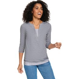 Damen 2-in-1-Shirt mit gestreiften Eins&auml;tzen grau-meliert-wei&szlig;, Gr&ouml;&szlig;e 42