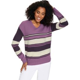 Damen Langarm-Pullover mit platziertem Streifen-Muster violett-aubergine-gemustert, Gr&ouml;&szlig;e 52