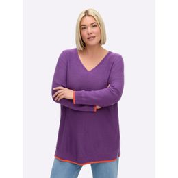 sheego Damen V-Ausschnitt-Pullover mit Kontraststreifen, lila-orange, Gr&ouml;&szlig;e 40/42