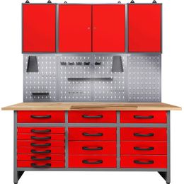 Werkstatt-Set ONDIS24, rot (anthrazit, rot), B:160cm H:205cm T:60cm, Edelstahl, Werkb&auml;nke, 160 cm, mit LED
