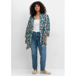 sheego by Joe Browns Damen Longbluse im Kimono-Stil, mit Blumendruck, aqua-gemustert, Gr&ouml;&szlig;e 56/58