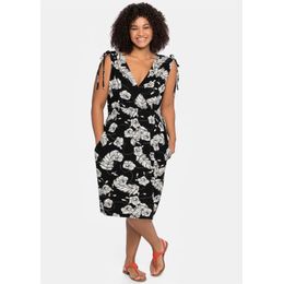 sheego Damen Strandkleid mit Blumenprint, in Wickeloptik, schwarz-wei&szlig;, Gr&ouml;&szlig;e 54
