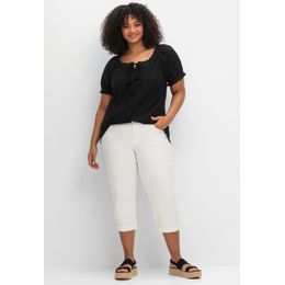 sheego by Joe Browns Damen Kurzarm-Bluse mit Lochstickerei und Carmen-Ausschnitt, schwarz, Gr&ouml;&szlig;e 42