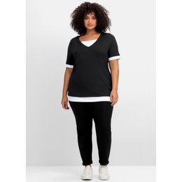 sheego Damen 2-in-1-Shirt mit V-Ausschnitt, schwarz-wei&szlig;, Gr&ouml;&szlig;e 56/58