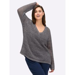 sheego Damen Pullover mit Ajourmuster, anthrazit, Gr&ouml;&szlig;e 56/58