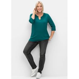 sheego Damen 3/4-Arm-Shirt mit geschlitztem Ausschnitt, petrol, Gr&ouml;&szlig;e 40/42