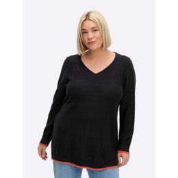 sheego Gro&szlig;e Gr&ouml;&szlig;en V-Ausschnitt-Pullover mit Kontraststreifen, schwarz-orange, Gr&ouml;&szlig;e 48/50 - Damen