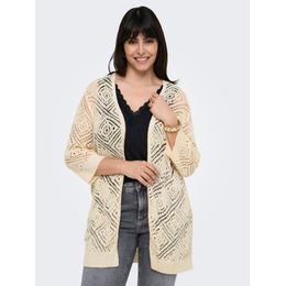 Strickjacke Only CARMAKOMA "CARWISTY 3/4 SL OPEN CARDIGAN KNT", Damen, Gr. M (46/48), beige (ecru), Strick, Obermaterial: 55% Polyacryl, 45% Nylon, unifarben, V-Ausschnitt, Strickjacken Strickjacke