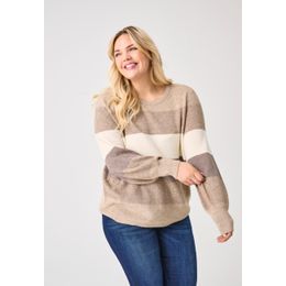 Strickpullover Only CARMAKOMA "CARNEW DARIA L/S STRIPE PULLOVER KNT", Damen, Gr. L, wei&szlig; (feather gray stripes:beige, wei&szlig;cap gray, leafless tree), Strick, Obermaterial: 50% Viskose, 27% Polyester, 23% Nylon, gestreift, h&uuml;ftbedeckend, Rundhals, Pullover Strickpullover