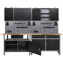 Werkstatt-Set ONDIS24, schwarz (schwarz, grau), B:240cm H:205cm T:60cm, Metall, Werkb&auml;nke, 2x Werkbank, 2x Werkzeugwand, 3x H&auml;ngeschrank