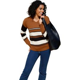 Damen Langarm-Pullover mit platziertem Streifen-Muster cognac-schwarz-gemustert, Gr&ouml;&szlig;e 38