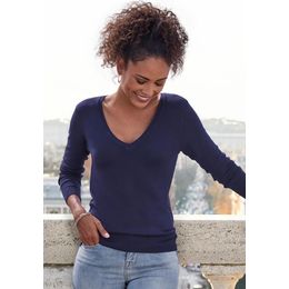 Vivance V-Ausschnitt-Pullover blau Gr. 44/46 f&uuml;r Damen. Mit tiefer V-Ausschnitt. Figurbetont. Nachhaltig.