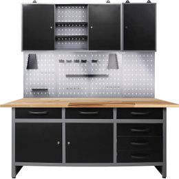 Werkstatt-Set ONDIS24, schwarz (anthrazit, schwarz, grau), B:160cm H:205cm T:60cm, Metall, Werkb&auml;nke, 160 cm, mit LED