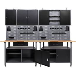 Werkstatt-Set ONDIS24, schwarz (anthrazit, schwarz, grau), B:240cm H:205cm T:60cm, Metall, Werkb&auml;nke, 2x Werkbank, 2x Werkstattschrank, 2x Lochwand