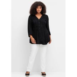 sheego by Joe Browns Damen Cr&ecirc;pebluse mit Biesen und H&auml;kelspitze, schwarz, Gr&ouml;&szlig;e 52