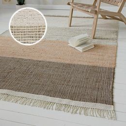 Teppich OTTO HOME "Dallin", beige (sand beige), B:160cm H:4mm L:230cm, Baumwolle, Jute, Teppiche, Teppich, 80% Jute, handgewebt, mit Fransen, Wohnzimmer, Naturfaser